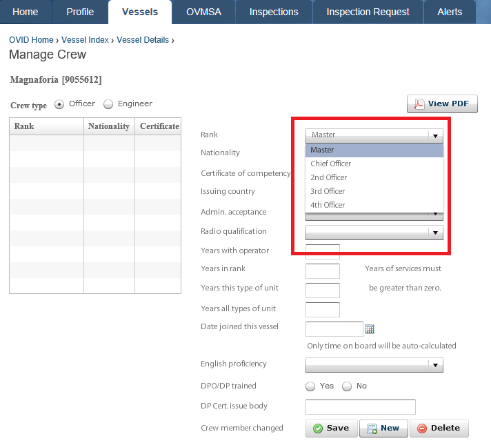 OVID Operator - Using the crew matrix – OCIMF Help Centre