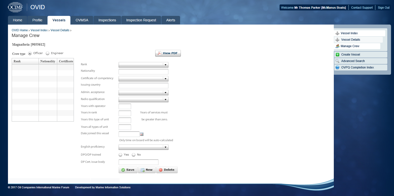 OVID Operator - Using the crew matrix – OCIMF Help Centre